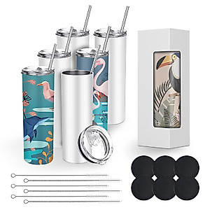 BetterSub 6 Pack 20 oz White Modern Insulated Stainless Steel Sublimation Tumblers with Lid, Straw, Brush, Display Box