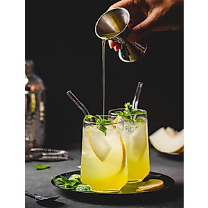 ALINK Short Bent Glass Straws, 6 in x 10 mm Reusable Clear Glass Curved Cocktail Straws for Whiskey, Coffee, Soda, Water, Pack of 8 with Brush