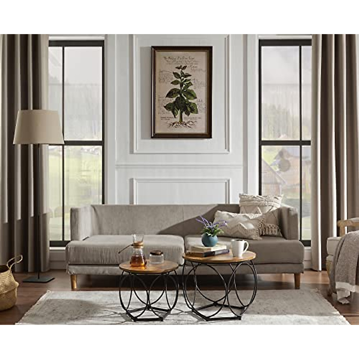 Round Coffee Table, Modern Coffee Table Set of 2 Wooden Surface with Metal Frame, Small Side Table, End Table for Living Room, Bedroom, Home Office, Farmhouse, Rustic Brown and Black