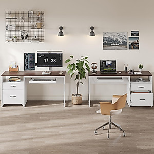 Bestier Office Desk with Drawers, 55 inch Industrial Computer Desk with Storage, Wood Teacher Desk with Keyboard Tray & File Drawer for Home Office, Walnut