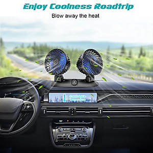 JZCreater Car Fan - Dual Head USB Desk & Portable Vehicle Cooling Fan with Variable Speed & 360°Rotation for Car Dashboard, SUV, RV, Truck, Sedan, Cruise & Office Use, Quiet & Small Fan, Black Blue