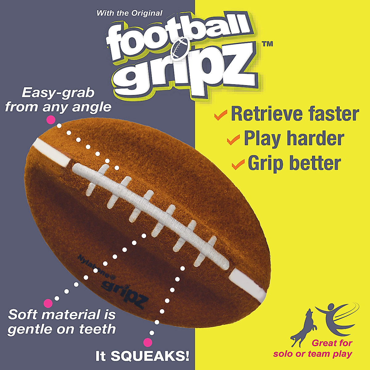 Nylabone Power Play Felt Football Gripz Fetch Toy, Squeaky Ball Chew Toy for Dogs, Large (1 Count)