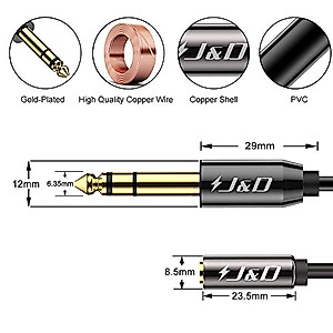 J&D 1/4 inch to 3.5mm Headphone Adapter, Gold Plated Copper Shell 3.5mm 1/8 inch Female TRS to 6.35mm 1/4 inch Male TRS Stereo Audio Cable for Guitar Amp, Amplifiers,headphones extension cable, 6 Feet