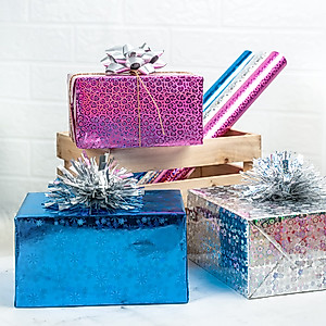 LeZakaa Holographic Foil Wrapping Paper - Mini Roll - Pink Heart/Blue and Silver Flower Design for Birthday, Wedding, Bridal Shower - 17 x 120 inches - 3 Rolls (42.5 sq.ft.ttl.)