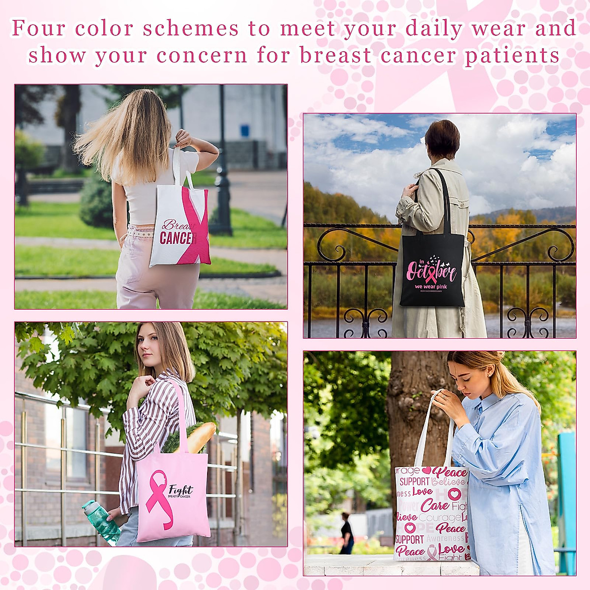 Silkfly 12 Pcs Breast Cancer Awareness Gift Canvas Tote Bags with Handles Pink Ribbon Bags Reusable Grocery Shopping Party Cloth Handbags Washable Craft, 13.78 x 15.75 In