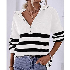 BTFBM Women 2023 Casual Long Sleeve Zip Striped Pullover Sweaters V Neck Collar Ribbed Knit Fall Winter Slouchy Jumpers (Striped White, Large)