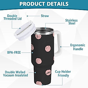 Stainless Steel Tumblers 40 Oz with Straw and Handle, Pink Polka Dots Black Vintage Travel Coffee Tumbler