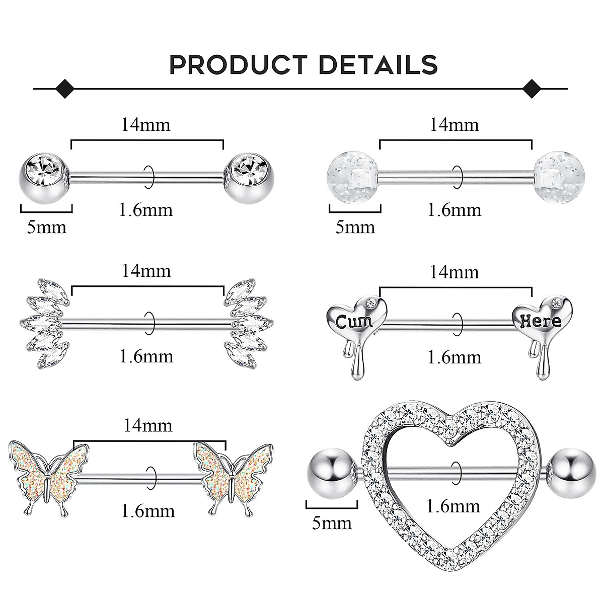 Besteel 8 Pairs Nipple Rings 14G Stainless Steel Nipplerings CZ Heart Butterfly Ball Tongue Barbell Rings Retainer Body Piercing Jewelry for Women Silver
