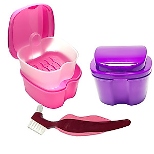 Denture Case, Denture Bath Denture Cup with Strainer,False Teeth Storage Box with Denture Brush Basket Net Container Holder for Travel, Retainer Cleaning 2Pack