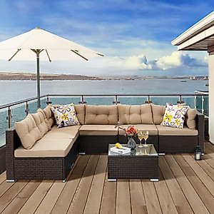 YITAHOME 7 Pieces Patio Furniture Set, All-Weather PE Rattan Conversation Set, Outdoor Sectional Sofa Wicker Outside Couch with Table for Porch Lawn Garden Backyard (Brown)