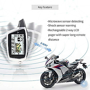 EASYGUARD EM212 2 Way Motorcycle Alarm System with LCD Pager Display Rechargeable Transmitter Built in Shock Sensor & Microwave Sensor Detecting DC12V