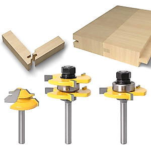 WICHEMI 1/4 Shank Tongue and Groove Router Bits+ 1/4 Shank 45° Lock Miter Router Bit, Wood Milling Cutter Woodworking Grooving Tool Kit for Router Table/Base Router/Kitchen/Bathroom