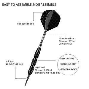 sanfeng Professional Soft Tip Darts Set 20 Grams W/ 50 O-Rings- 30 Darts Plastic Tip + Black Aluminum Shafts + 6 Standard Flights + Portable Case for Electronic Dart Board