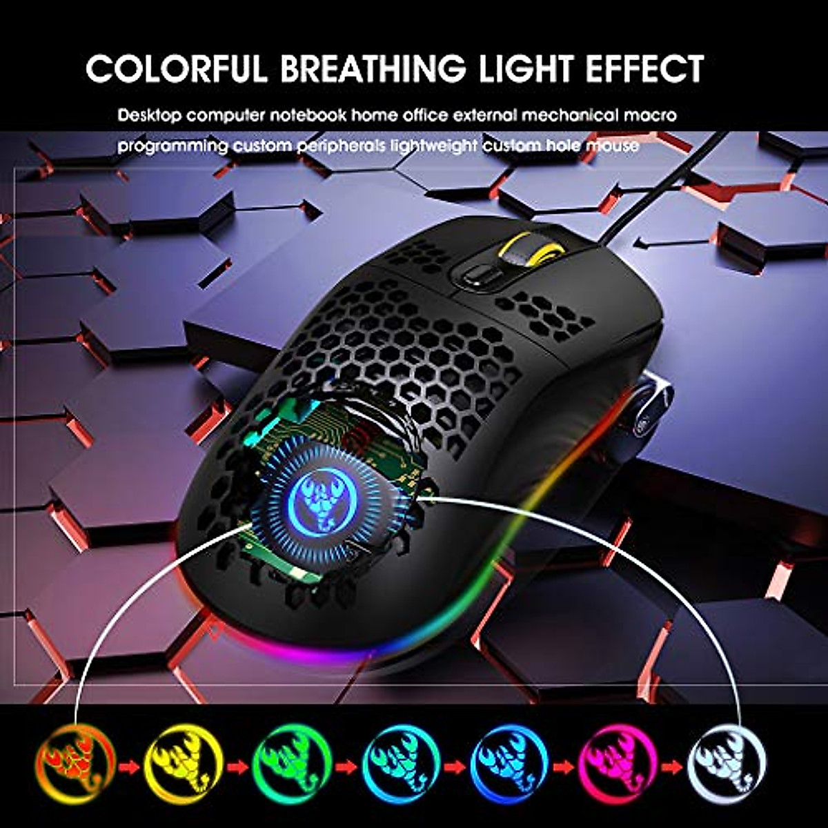 uvvy Cursor with Cable, 6 Gear DPI Mouse with Programmable Hole with Adjustable Cable RGB Mouse with Breathing Light