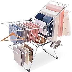 TOOLF Clothes Drying Rack, Clothes Rack, Foldable 2-Level Laundry Racks for Drying Clothes, with Height-Adjustable Wings, Indoor/Outdoor Portable Dryer for Clothing and Towels, White
