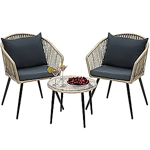 YITAHOME 3-Piece Outdoor Patio Furniture Wicker Bistro Set, All-Weather Rattan Conversation Chairs for Backyard, Balcony and Deck with Soft Cushions, Glass Side Table, Gray Rattan