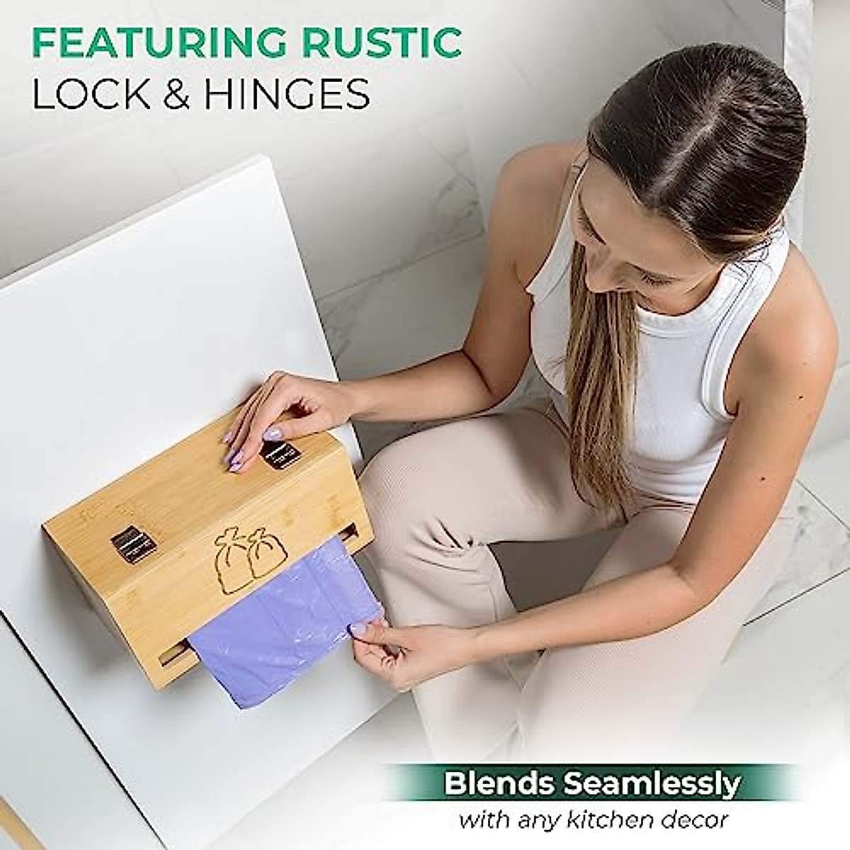 Trash Bag Dispenser Bamboo 10x6x6" - Rustic Lock & Hinges and Hanging Holes - Keep Your Plastic and Garbage Bags Within Reach - A Must-Have Kitchen Organizer that Adds a Touch of Charm to Your Space