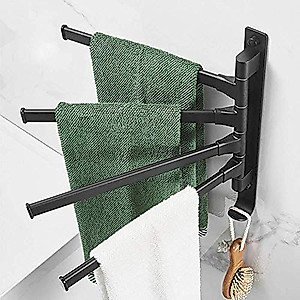 qiuqiu Wall Mounted Swing Towel Bar,Black Stainless Steel Bath Towel Rod Arm, Bathroom Kitchen Swivel Towel Rack Hanger Holder Organizer, Folding Space Savers Towel Rail-4 Bar