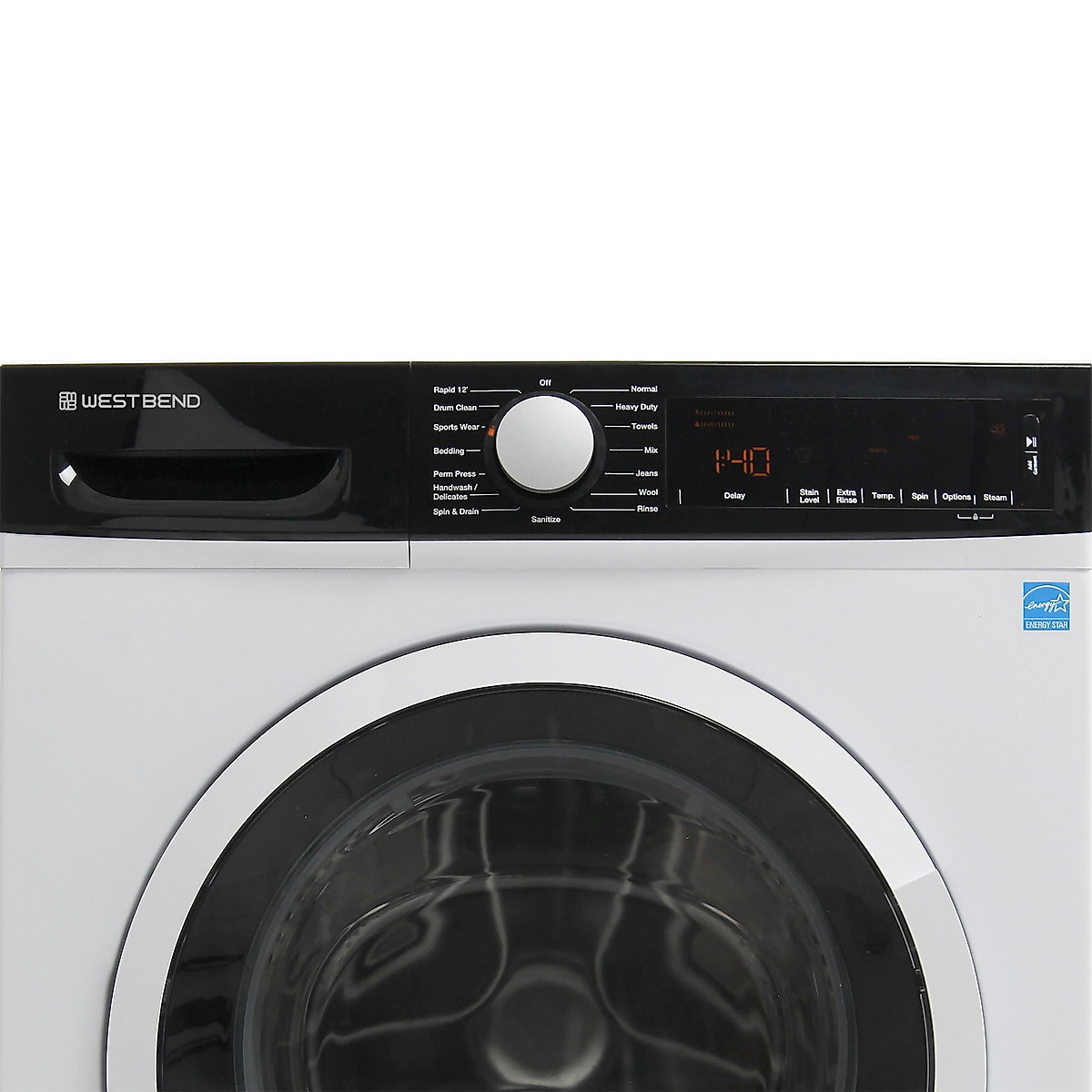 West Bend WB220FLWVW Front Load Washing Machine, Compact Washer, Stackable Option, 15 Automatic Cycles, Adjustable Water Temperatures, LED Display, and See-Through Door, 2.2 cu.ft, White