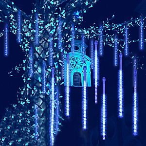 Christmas Decorations, Outdoor Solar Christmas Lights, 12 inch 8 Tube 144 LED IP65 Waterproof Falling Meteor Shower Rain Lights for Holiday Xmas Wedding Party Garden Home Patio Yard Tree Decor (Blue)