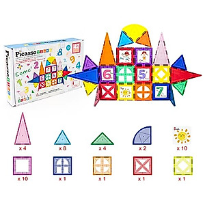 PicassoTiles Magnetic Building Blocks with Tiles and Click-in Educational Graphic Arts Magnet Construction Toy Set STEM Learning Playset Child Brain Development Stacking Playboard