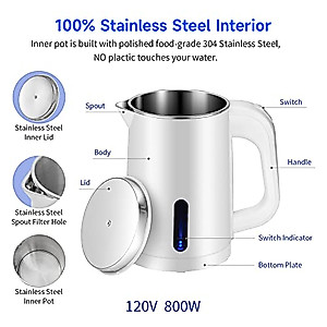 Small Electric Kettle Stainless Steel, 0.8L Portable Travel Kettle with Double Wall Construction, Mini Hot Water Boiler Heater, Electric Tea Kettle for Business Trip, Camping, Travel, Office (White)