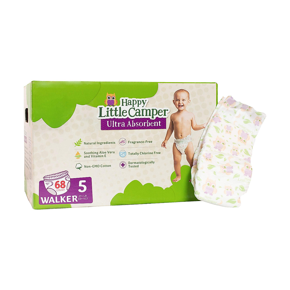 Happy Little Camper Ultra-Absorbent Hypoallergenic Natural Disposable Baby Diapers, Chlorine-Free Protection for Sensitive Skin, Walker, Size 5, 68 Count