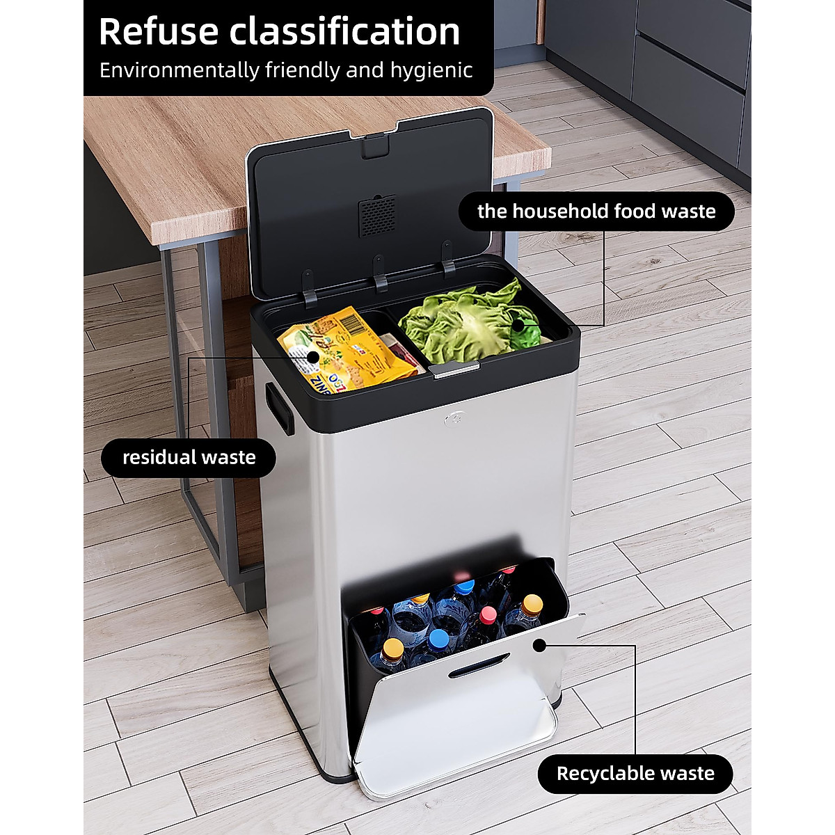 Vertical Trash Can - 2 Tiers 14 Gal Stainless Steel Tall Trash Can with Recycle Combo for Office Indoor