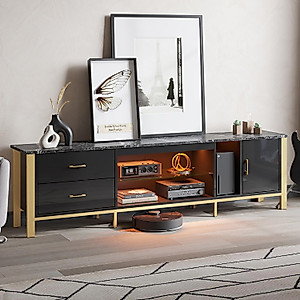 Bestier TV Stand for 75/80/85/90 Inch TVs, LED Gaming Entertainment Center, Modern TV Cabinet with Glass Shelves for Living Room, 2 Storage Drawers & Cabinets for Bedroom, Black Glossy