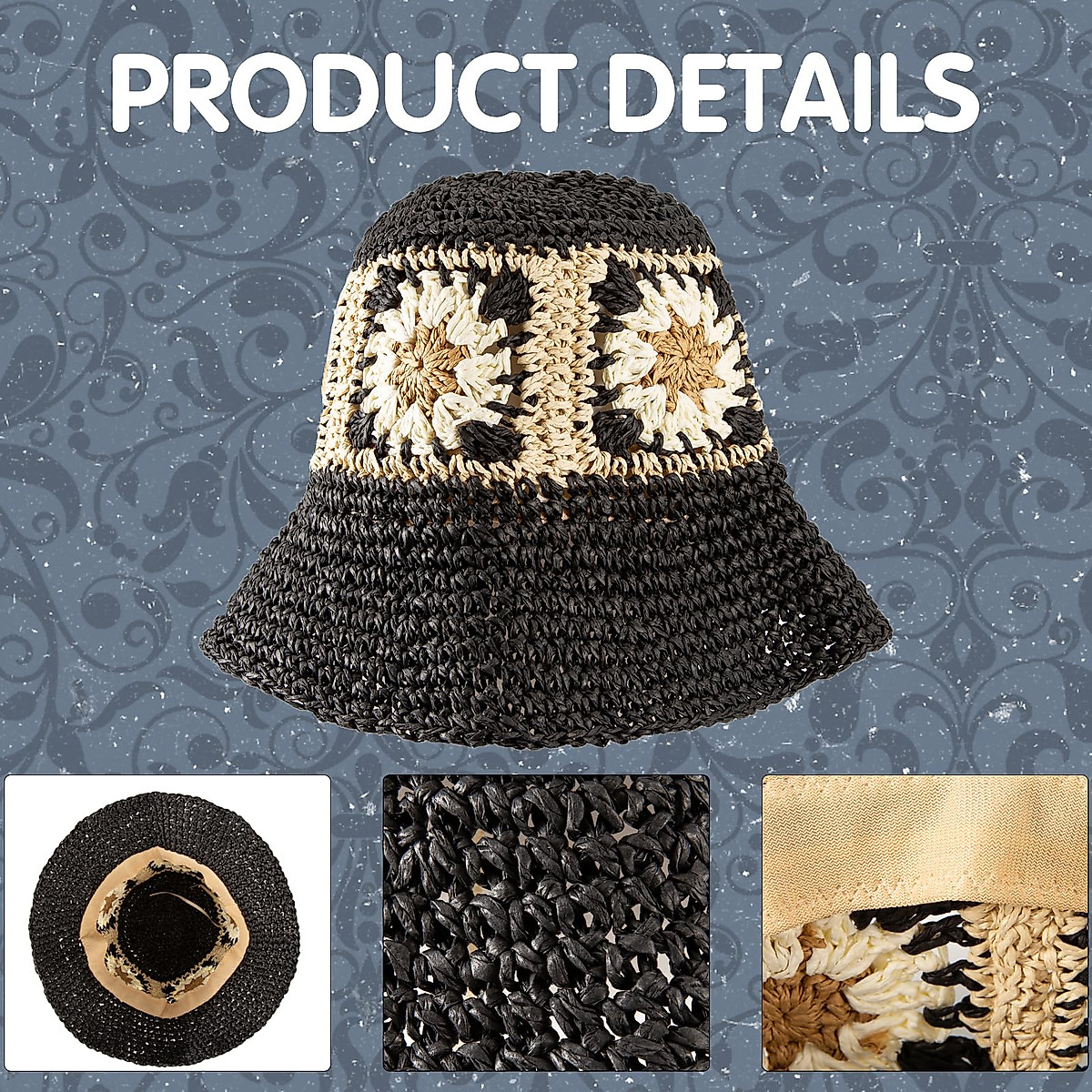 Womens Straw Sun Hat Woven Bucket Hat Summer Beach Cap Fishing Hat Fashion Floral Cap Beach Hat for Women Foldable Vacation Travel Straw Hat Black