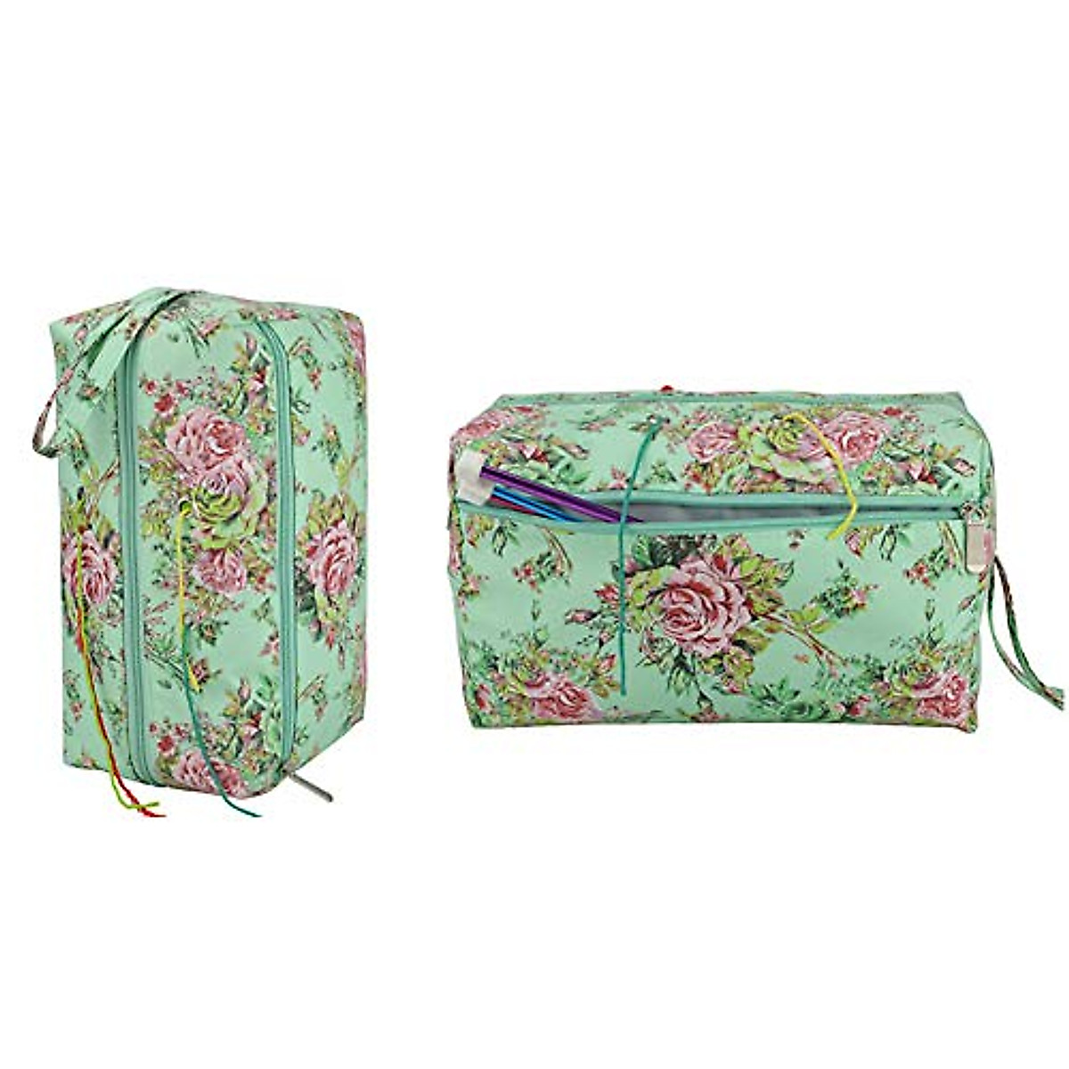 Katech Empty Yarn Bags Set 3 Pieces Green Knitting Bags Flower Pattern Large Capacity Yarn Round Storage Bag Organizer Travel Wrist Tote Bag for Holding Yarn Balls, Crochets Hooks and Knitting Kit