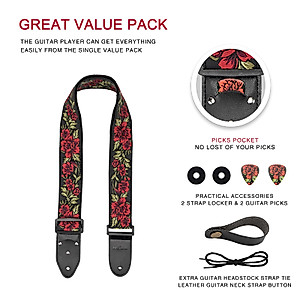 Adjustable Guitar Strap for Electric/Acoustic Guitar/Bass, Includes 2 Picks + Strap Locks + Strap Button, Cotton Jacquard Embroidered Genuine leather Ends Guitar Straps with 1 Pick Holder, Rose