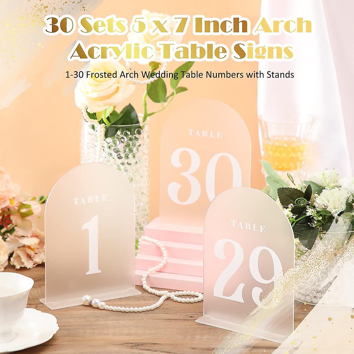 30 Sets Frosted Arch Wedding Table Numbers with Stands 1-30 Acrylic Table Signs 5 x 7 Inch Numbers Signs and Holders for Centerpiece Reception Decoration Party Anniversary Event