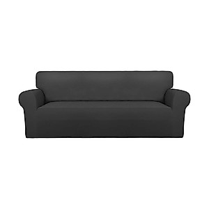 PureFit Super Stretch Chair Sofa Slipcover – Spandex Non Slip Soft Couch Sofa Cover, Washable Furniture Protector with Non Skid Foam and Elastic Bottom for Kids, Pets （Sofa， Dark Gray）