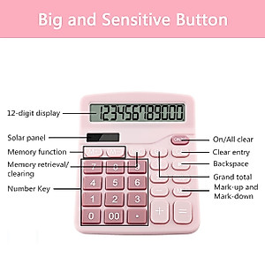 Podokas Office Calculators Desktop, 12-Digit Battery Dual Power Cute Calculator with Large LCD Display Big Button for Office Home and School (Pink)