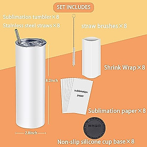 IMAGETI 8 Pack Sublimation Tumblers 20 oz Skinny Straight Tumbler Blank White, Stainless Steel, with Metal Straw, Insulated Tumbler with Leak-Proof Lids for Tumbler Heat Press