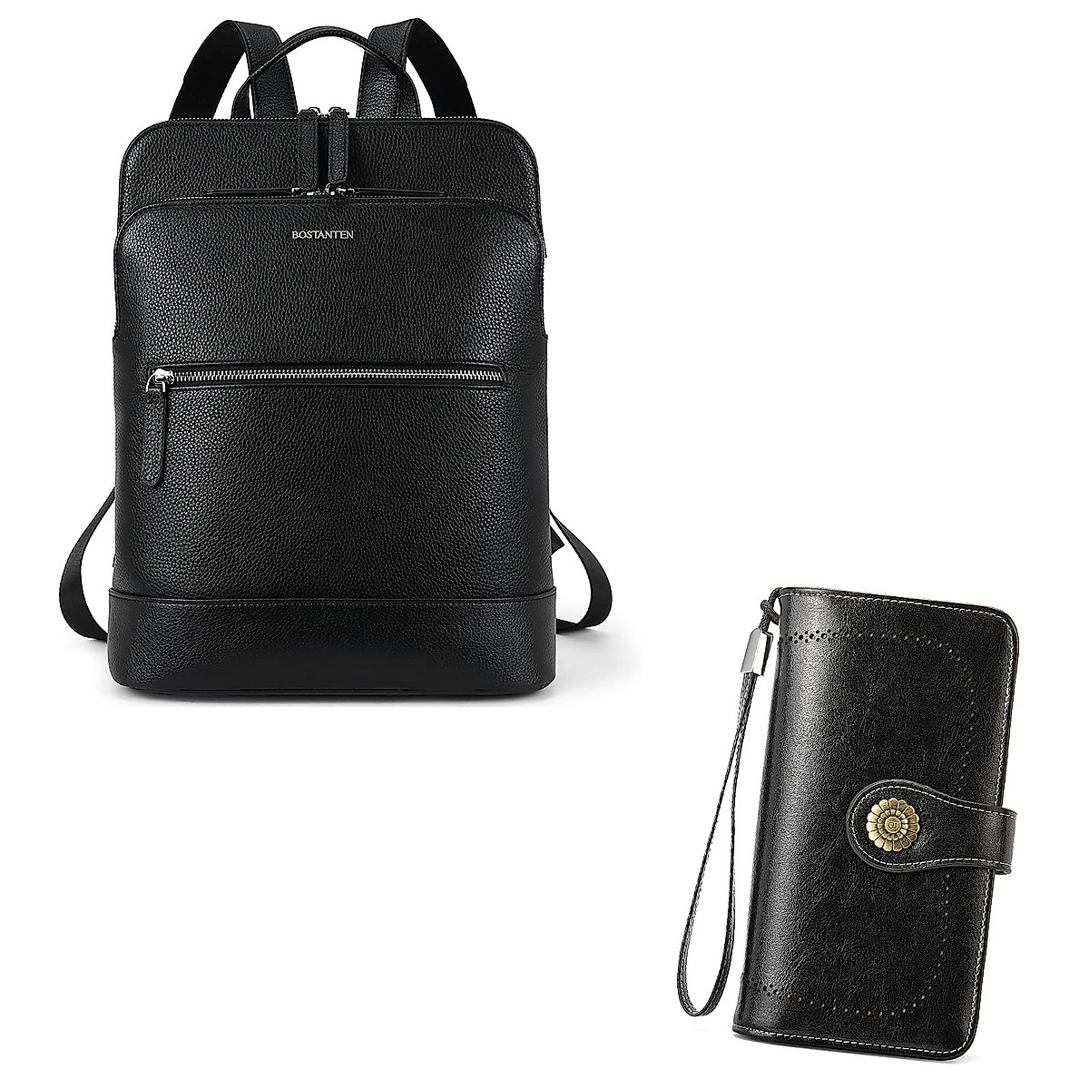 BOSTANTEN Laptop Backpack Purse for Women Genuine Leather Backpack Travel Bag and Womens Wallet Genuine Leather Large Capacity Wristlet Clutch Purse Credit Card Holder with RFID Blocking Black