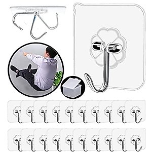 QUALIALL Adhesive Hooks, 20 Packs, 33lbs/15kg Premium Heavy Duty Wall Ceiling Hooks for Hanging, Damage Free, Clear Sticky Hanger for Kitchen, Bathroom Shower Outdoor Use.