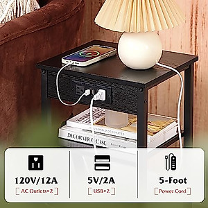 WLIVE End Table with Charging Station and USB Ports, 3-Tier Side Table with Adjustable Shelf, Side Table with Outlet for Small Spaces, Living Room, Bedroom, Black