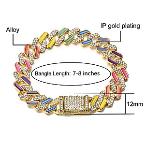 Apzzic 12mm Colorful Full Iced Out Paved Rhinestones Miami Cuban Prong Chain CZ Bling Hip Hop Rapper Bracelet for Men Women Gold 8inch