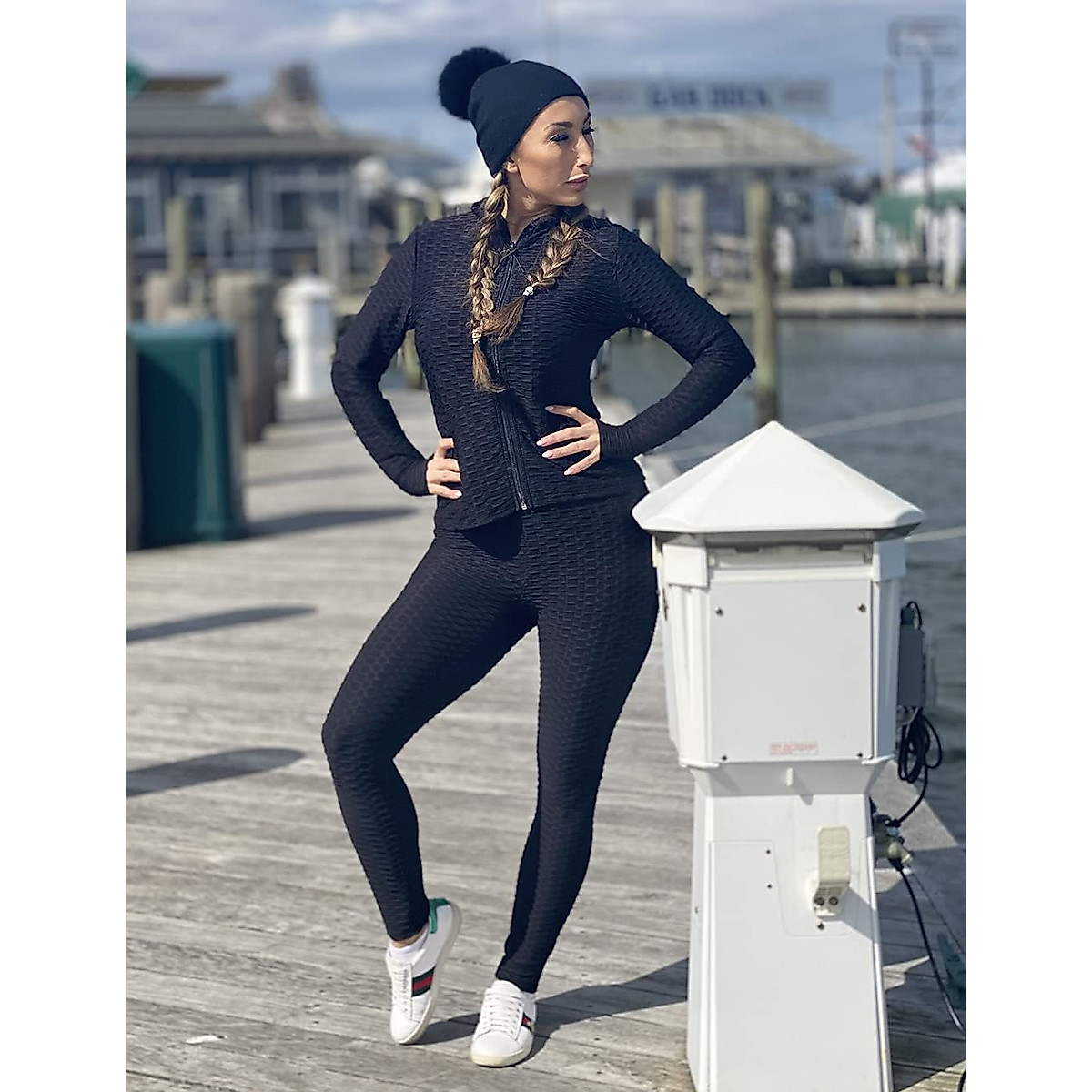 KANSOON Jogging Suits for Women, Textured 2 Piece Outfit Long Sleeve Full Zip Jacket Skinny Pants Tracksuit Set Black L