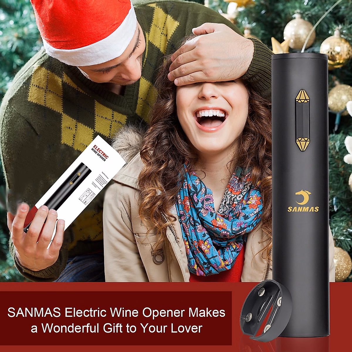 SANMAS Electric Wine Opener, Automatic Wine Bottle Openers Set with Foil Cutter, Battery Operated Cordless Wine Corkscrew for Wine Lovers Gift