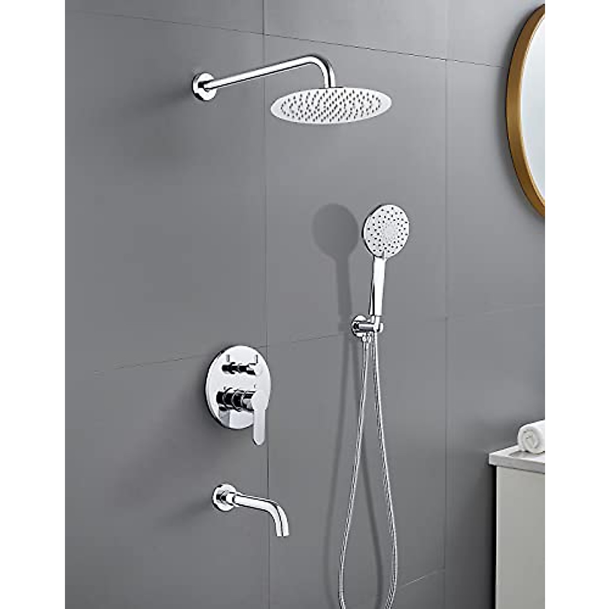 ROVOGO Tub and Shower Faucet Set, Complete Bathtub Shower System with 10-in. Round Rain Shower, 5-Function Handheld and Tub Spout, Chrome (Valve and Trim Kit Included)