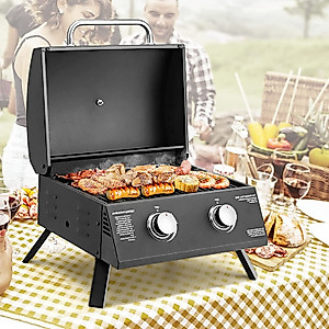 Portable Gas Grill, 20,000 BTU Two Burner Tabletop Barbecue Grill w/Built-in Thermometer, Grease Tray, Waterproof Top Lid, Folding Legs, Compact Propane Grill for Backyard, Camping, Picnic