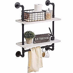 ROGMARS Industrial Pipe Shelving Bathroom Pipe Shelves with Towel Bar,2 Tier 24 inch Retro White Rustic Farmhouse Pipe Industrial Wall Shelves Bathroom Shelves Over Toilet for Storage