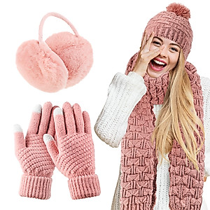 JenPen Winter Hats Scarf Gloves Set for Women Including Ear Covers Cold Weather Glove Scarves Hats Knit Beanie Scarf Glove (Pink)