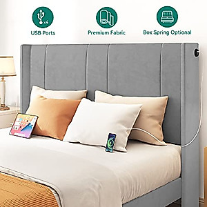 YITAHOME Queen Bed Frame with Storage Drawers, Upholstered Headboard, USB Charging Ports, Wood Slats Support, Grey