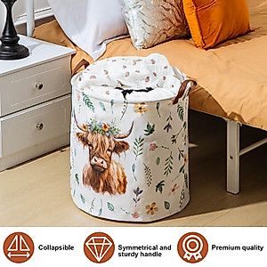 Barydat 2 Pcs Highland Cow Storage Basket, 17.3'' x 16.5'' Collapsible Waterproof Laundry Hamper, Nursery Toys Clothes Storage Basket Bin, Floral Farm Animal Holder Organizer for Bathroom