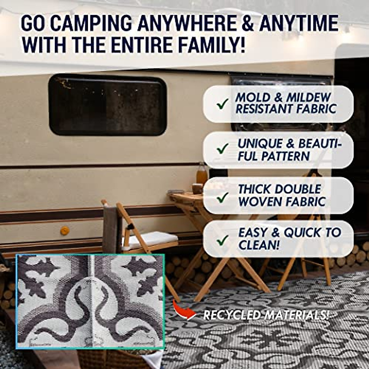LATCH.IT RV Outdoor Rugs 9x12 | Reversible RV Outdoor Mat Camper Rugs | Camping Outdoor Rugs | The Perfect RV Patio Mat for Any Situation & Includes Portable Small Trash-Can!