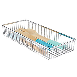 mDesign Metal Farmhouse Kitchen Cabinet Drawer Organizer Basket Tray, Shallow Storage Bin for Cutlery, Serving Spoons, Cooking Utensils, Appliances, Gadgets, Unity Collection, 15" Long, 2 Pack, Chrome